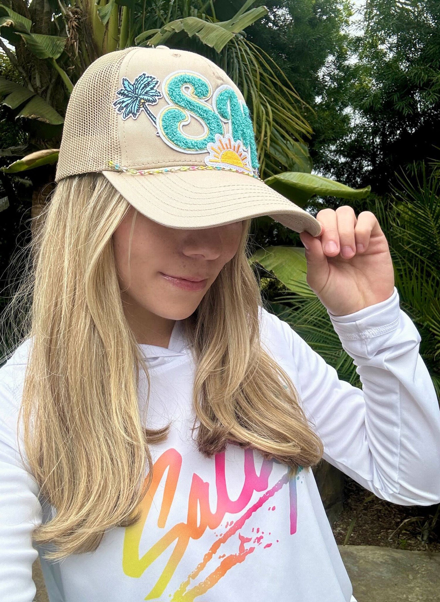 'SM Sunrise' Trucker Hat | Khaki – Salty Mermaid, Inc.